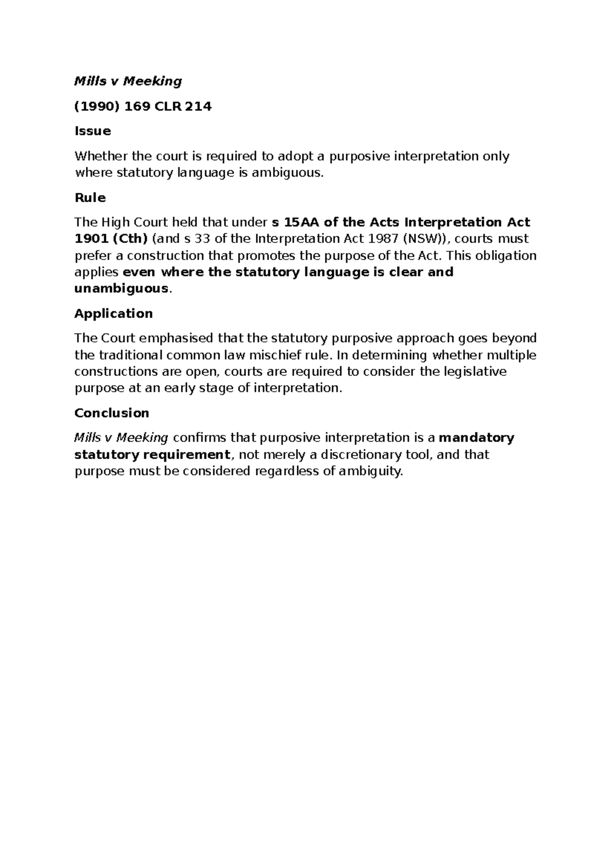 Mills v Meeking (1990) 169 CLR 214 - Case Study on Purposive ...