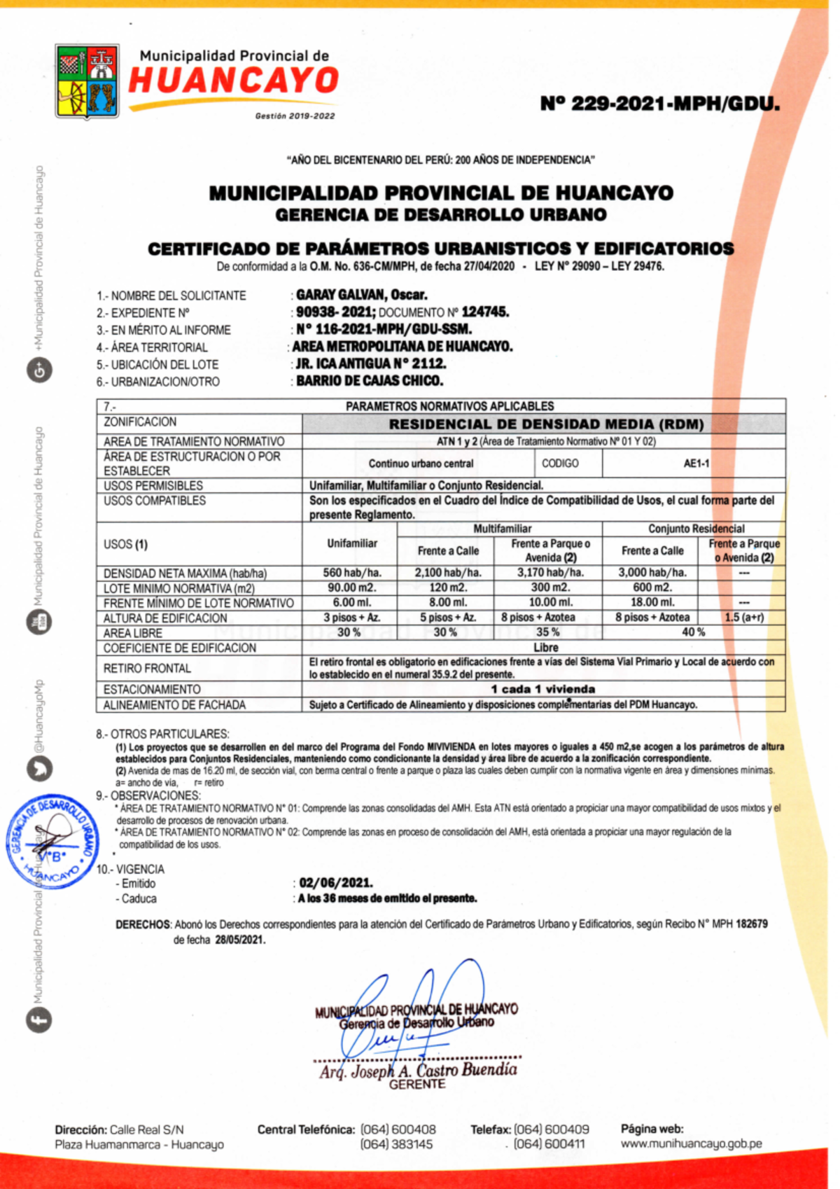 Parámetros Urbanos y Edificatorios de Huancayo - Certificado 001 - Studocu
