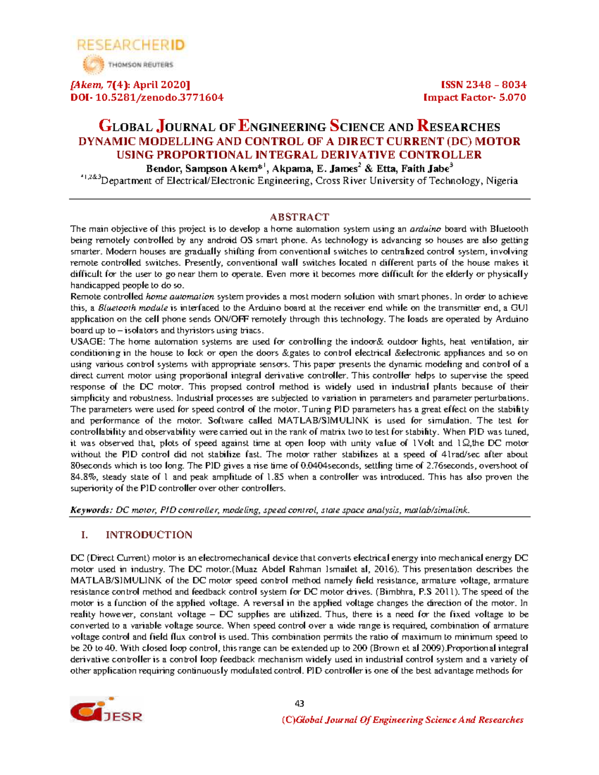 Dynamic Modelling & Control of DC Motor Using PID Controller (ENGR 101 ...