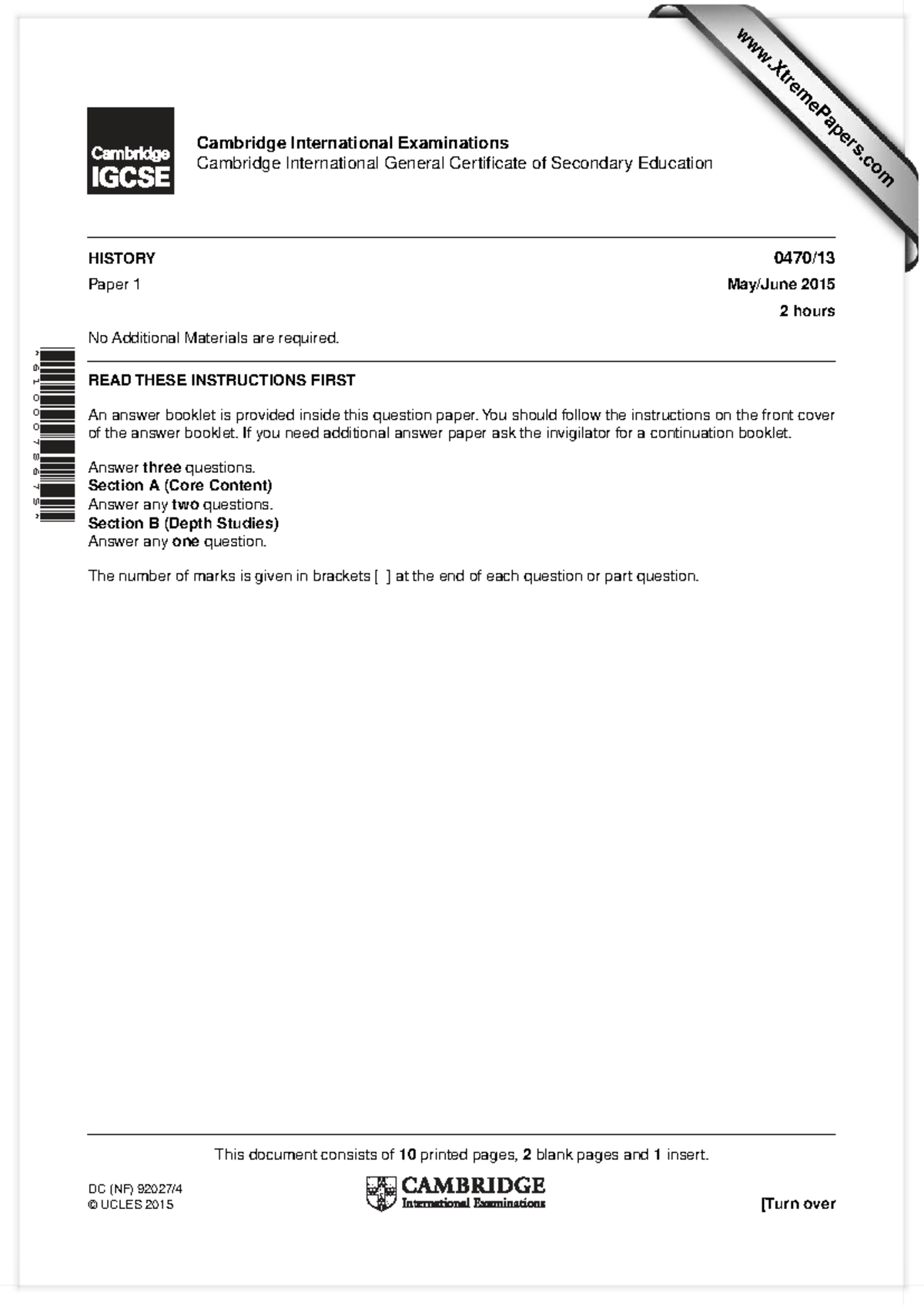 HISTORY 0470/01 Paper 1 Exam Questions - Cambridge IGCSE 2015 - Studocu