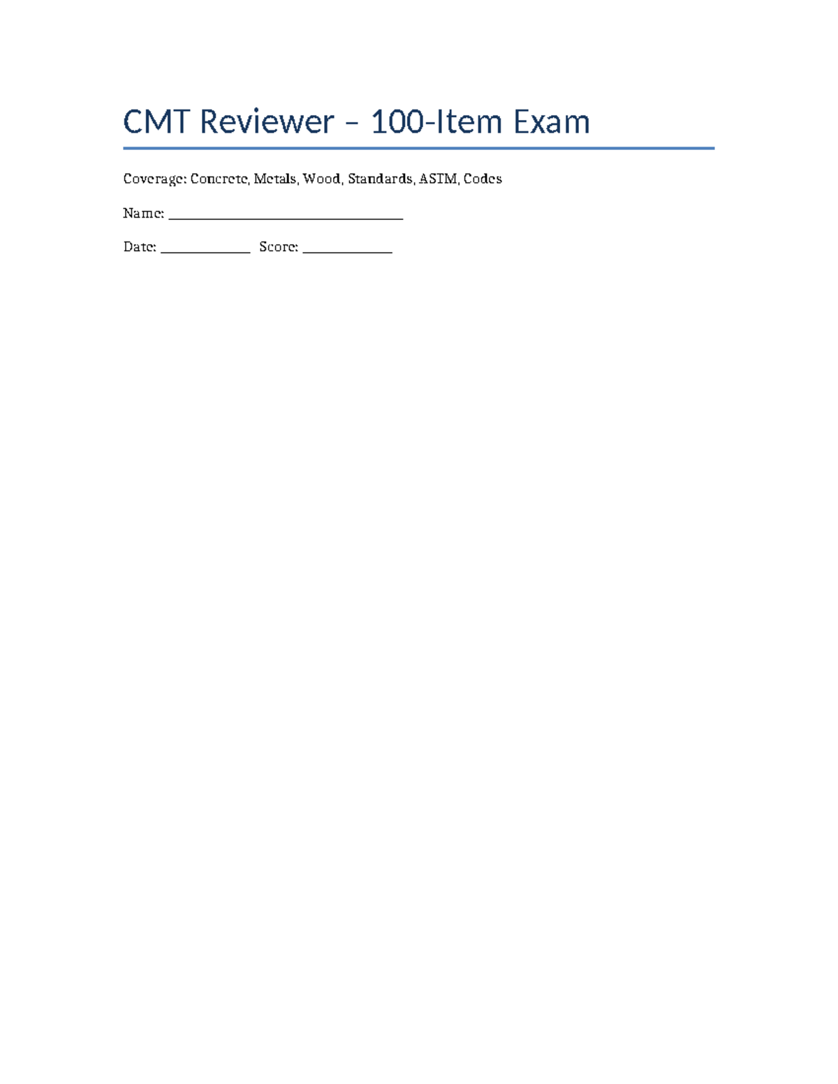 CMT Reviewer Exam: Coverage on Concrete, Metals, and Wood - Studocu