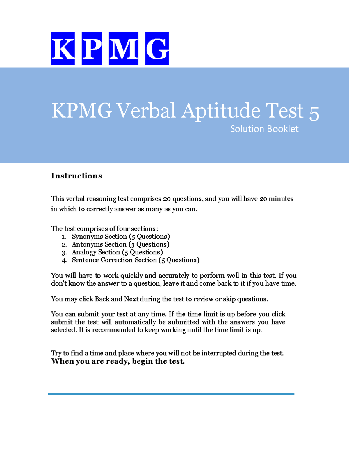 KPMG Verbal Aptitude Test 5: Solutions and Instructions - Studocu