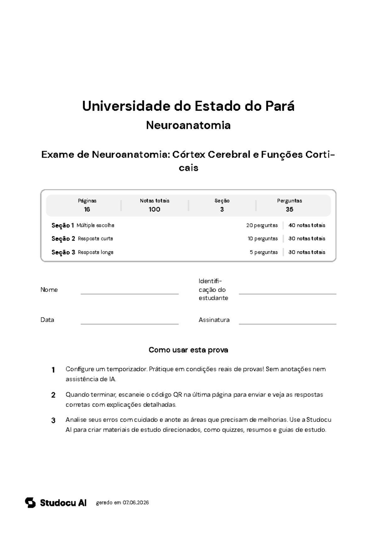 Exame de Neuroanatomia: Córtex Cerebral e Funções Corticais - Studocu