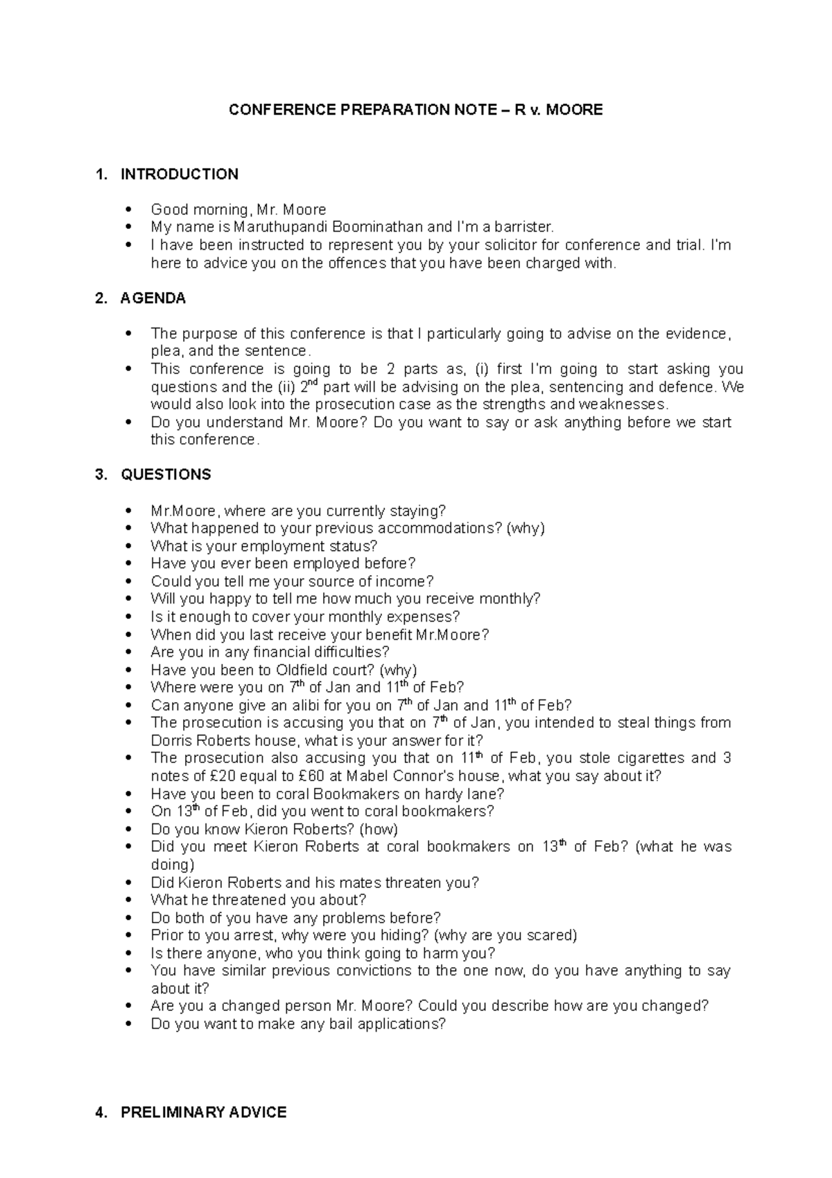 BTC Con Prep Note: Conference Preparation for R v. Moore - Studocu