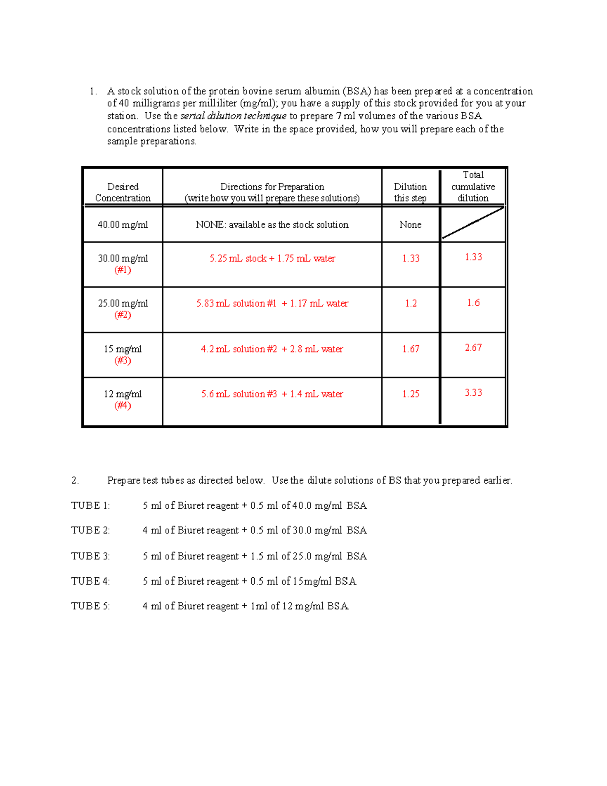 Practice for BSA lab KEY - 1. A stock solution of the protein bovine ...