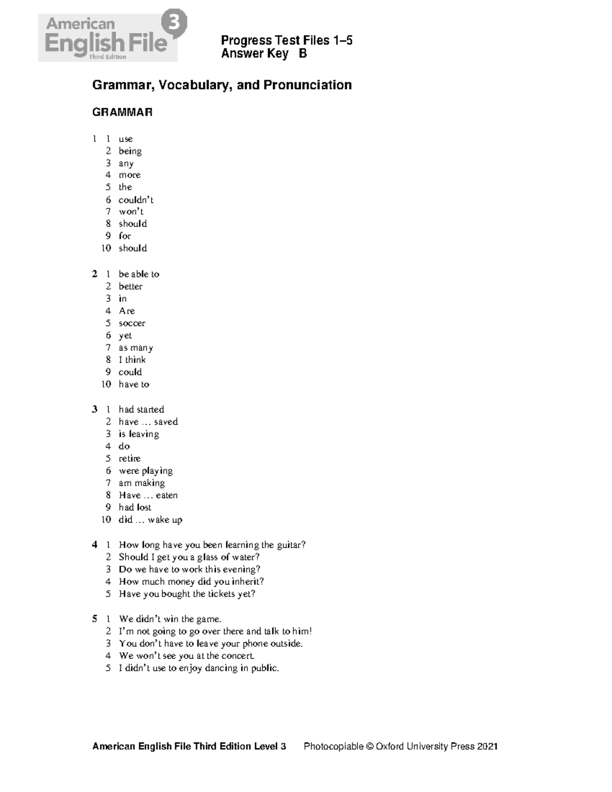 Progress Test 1 Answer Key B: Grammar, Vocabulary & Pronunciation AEF3e ...