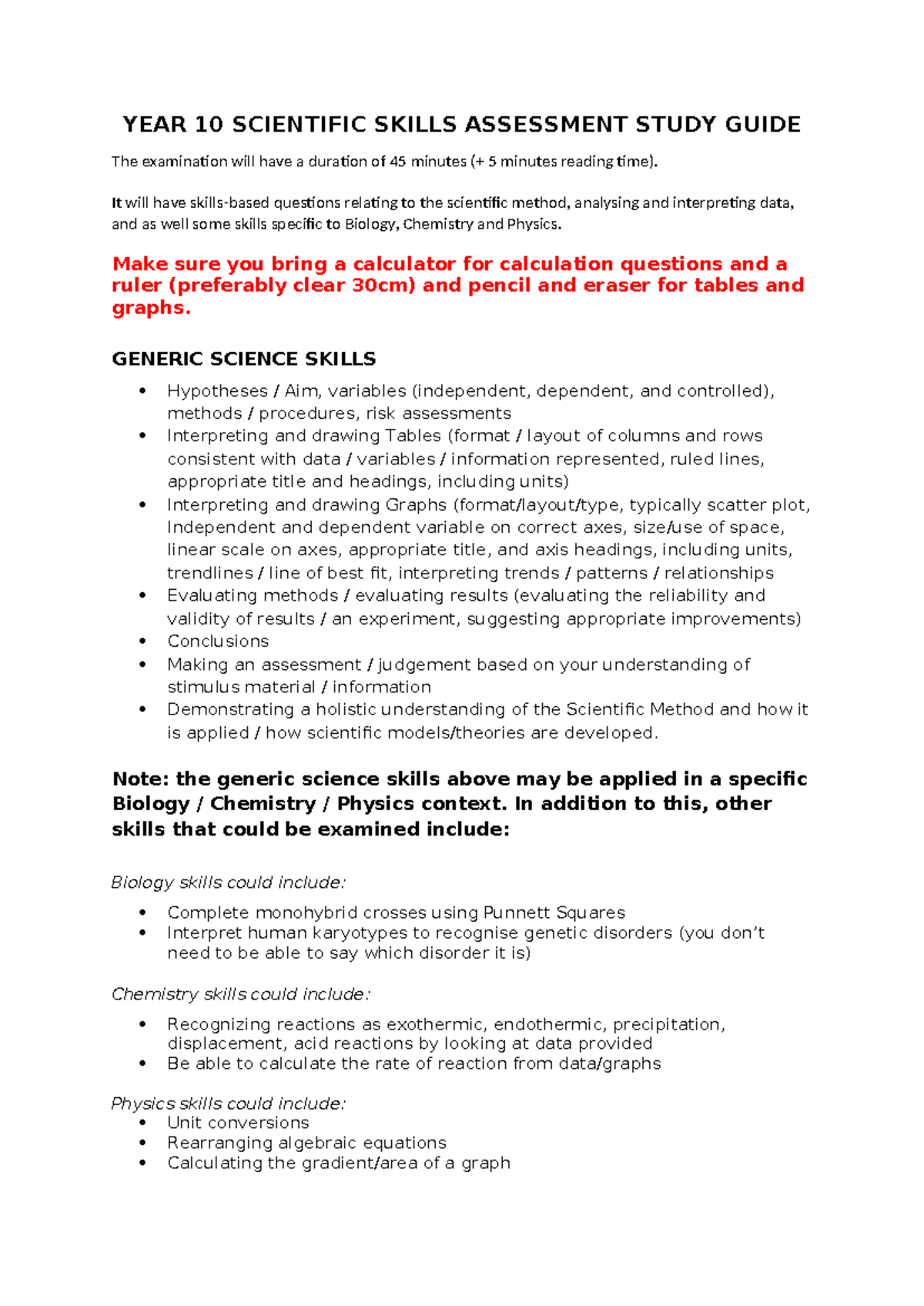 Yr 10 Sci Skills Assessment Study Guide 2024 - Studocu
