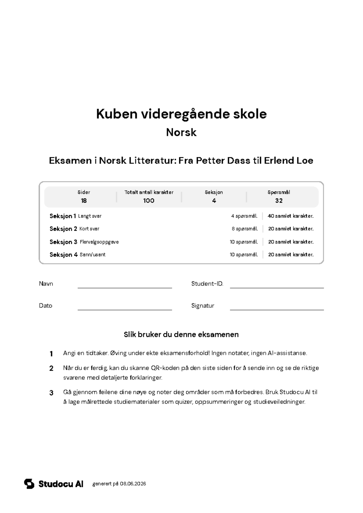 Eksamen i Norsk Litteratur: Petter Dass til Erlend Loe - Studocu