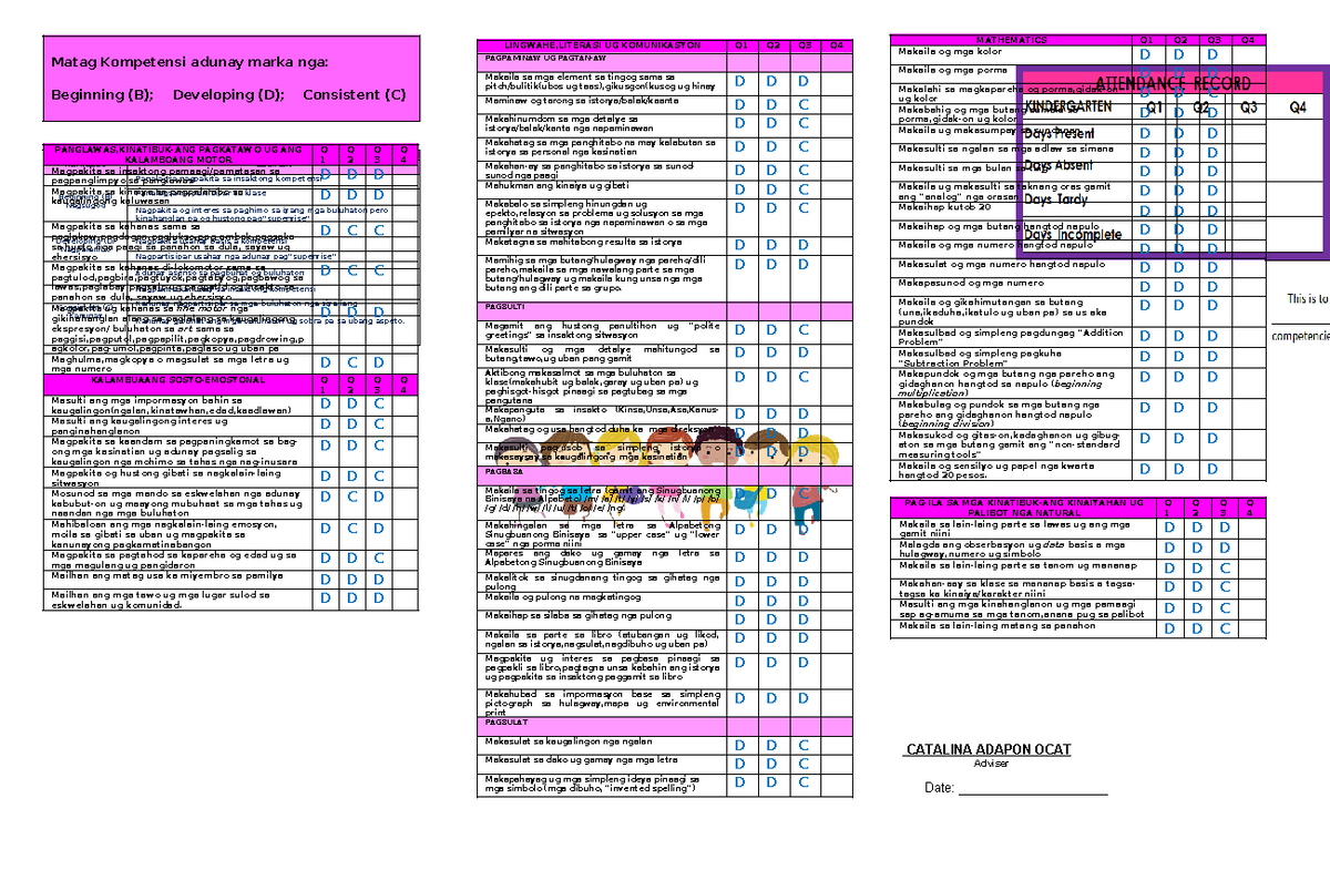 Kindergarten Progress Report Card - Q1 to Q3 Evaluation - Studocu