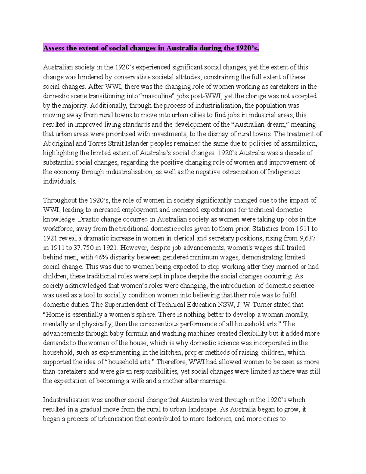 Social Changes in Australia during the 1920s Essay (24/25) - Studocu