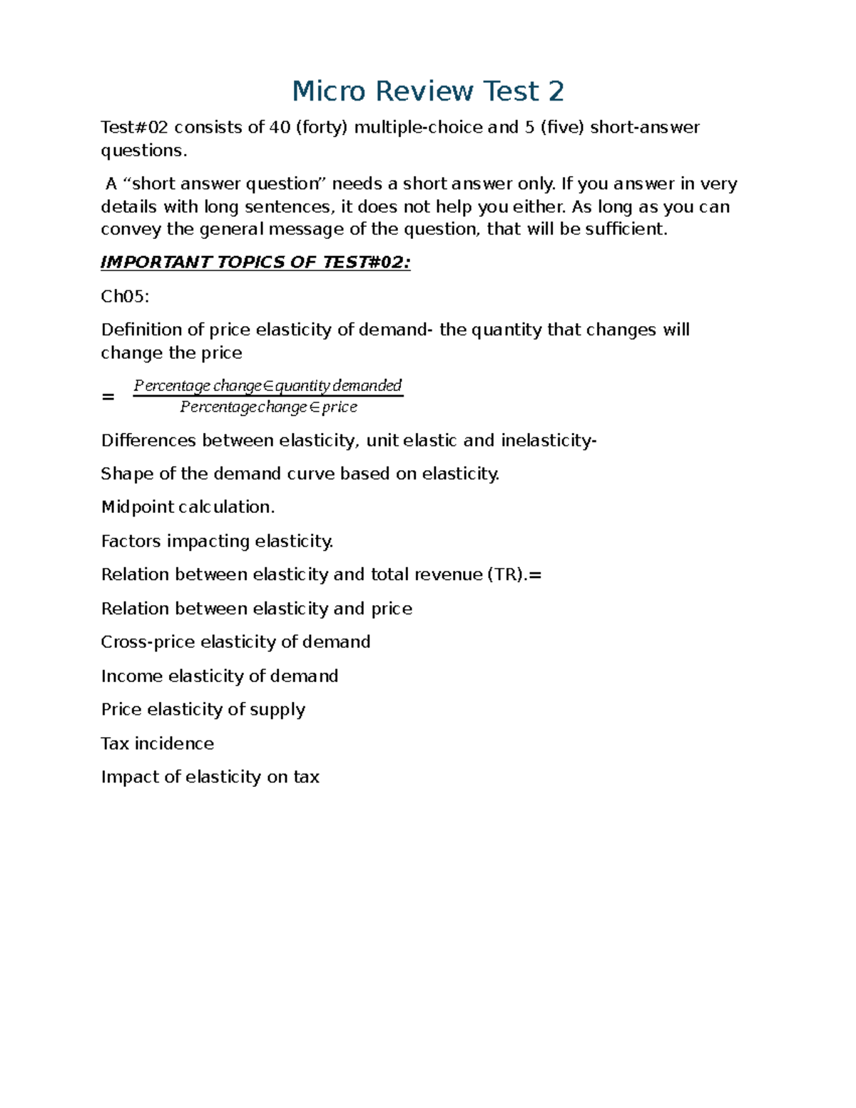 Micro Review Test 2: Key Concepts in Price Elasticity & Market ...