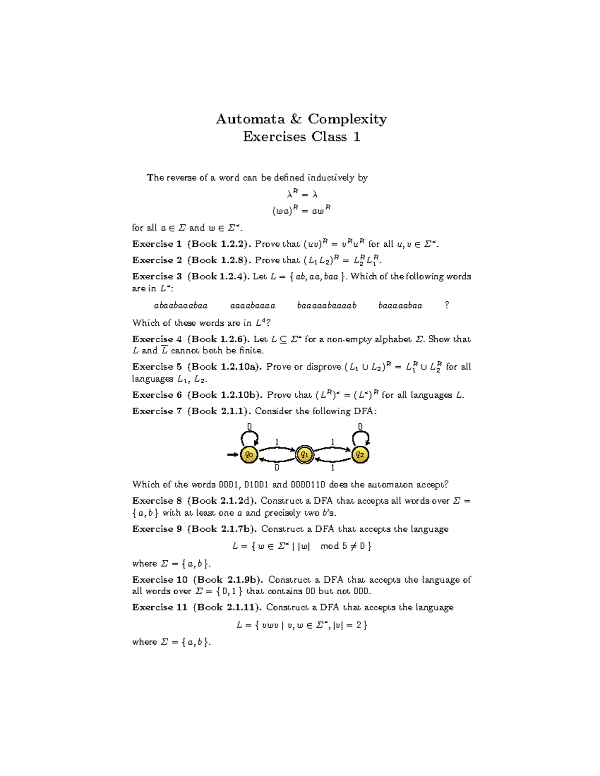 Automata Complexity Exercises Class 1: Inductive Definitions and DFAs ...