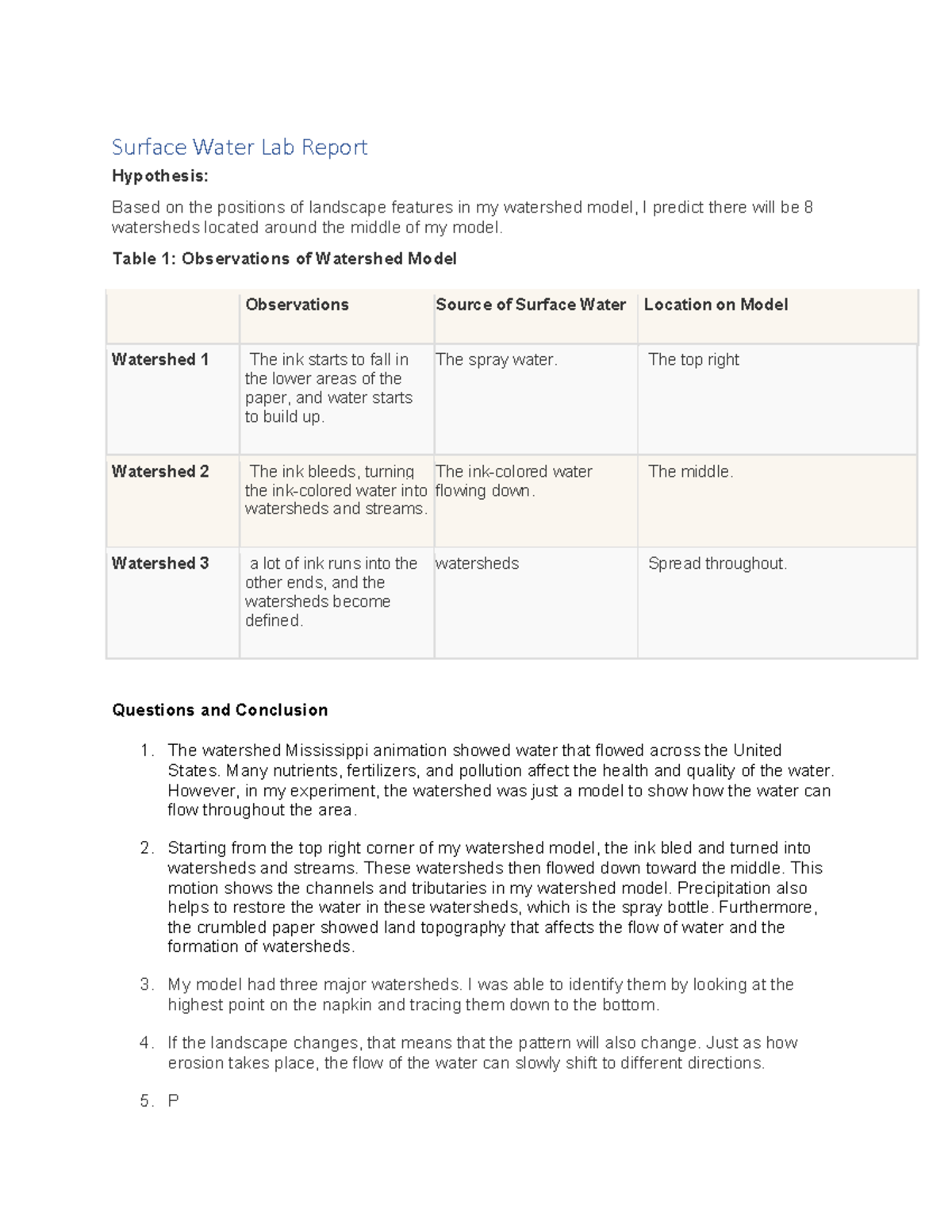 3.01 Surface Water Lab Report: Analyzing Watershed Formation - Studocu