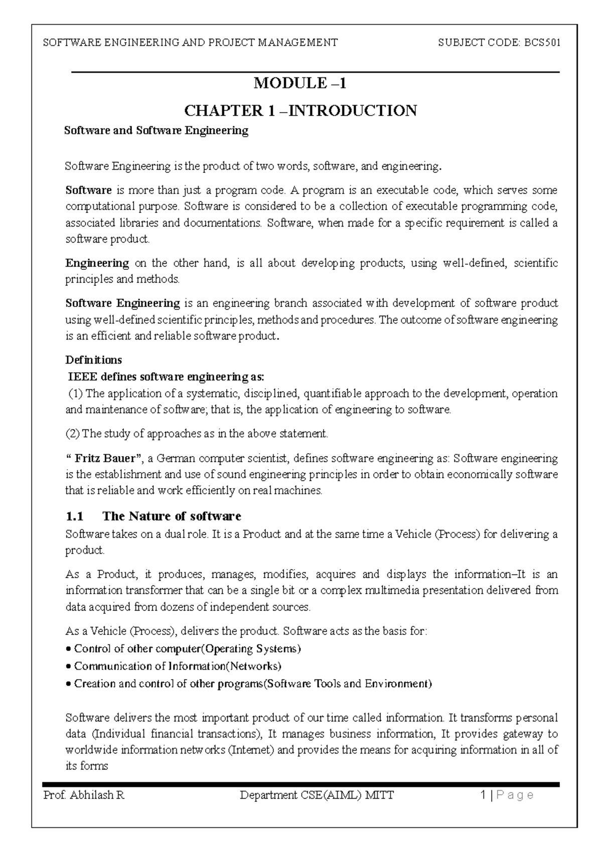 Software Engineering Overview and Principles - BCS501 Module 1 - Studocu