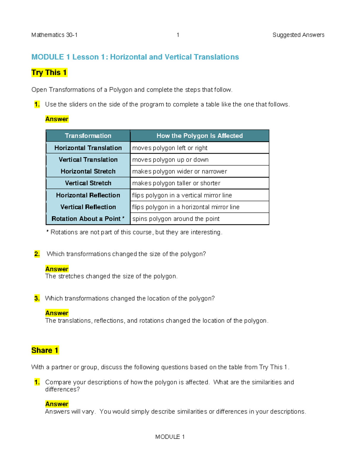Math 30-1 Module 1 Lesson 1 Suggested Answers for TRY THIS Questions ...