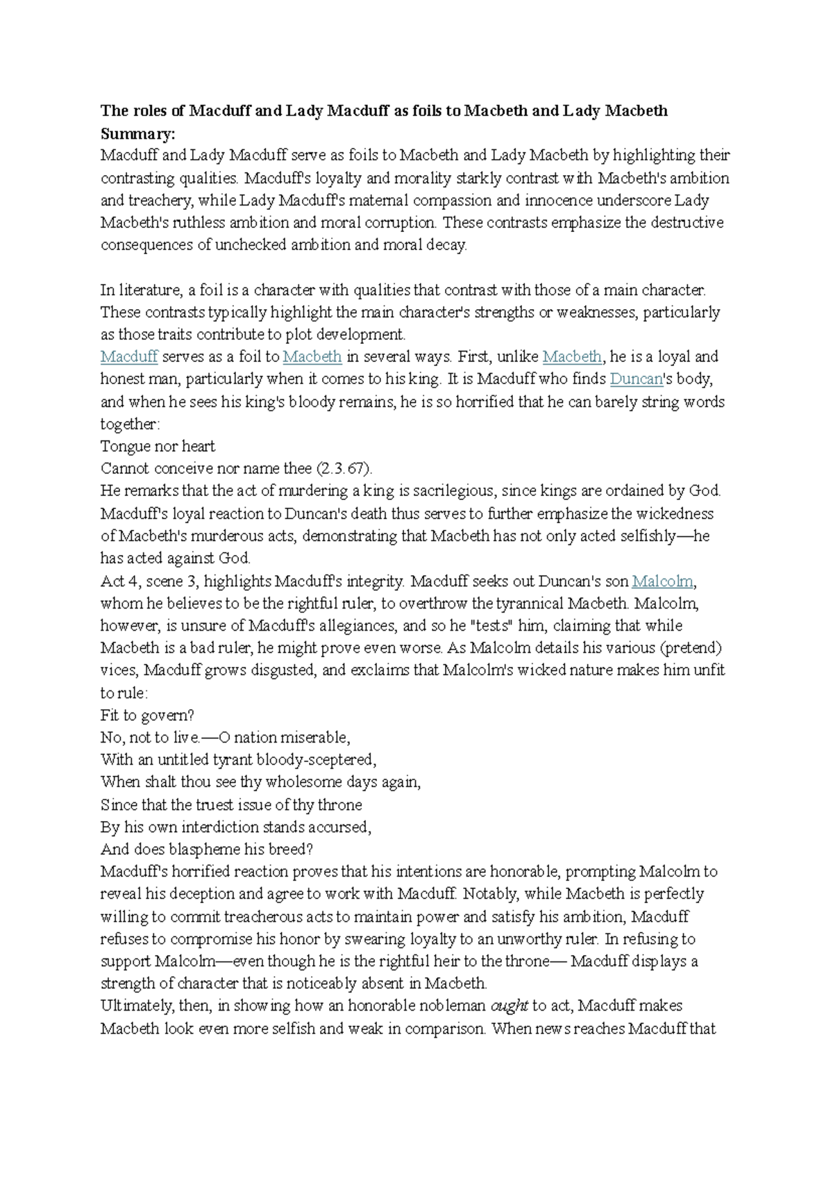 Macbeth (ENG 101) - Summary & Key Questions on Foils and Prophecies ...