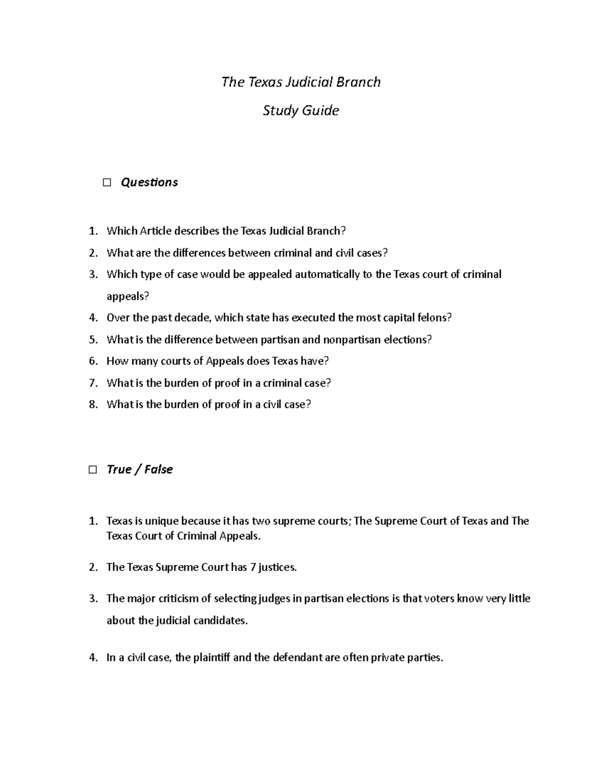 Study Guide # 12 - This is to test your knowledge over the Judicial ...