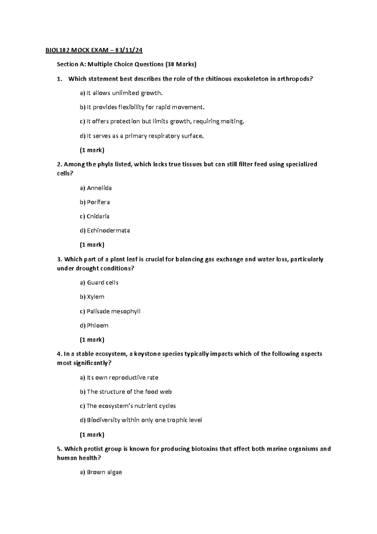 BIOL102 MOCK EXAM 03 - Multiple Choice & Short Answer Questions - Studocu