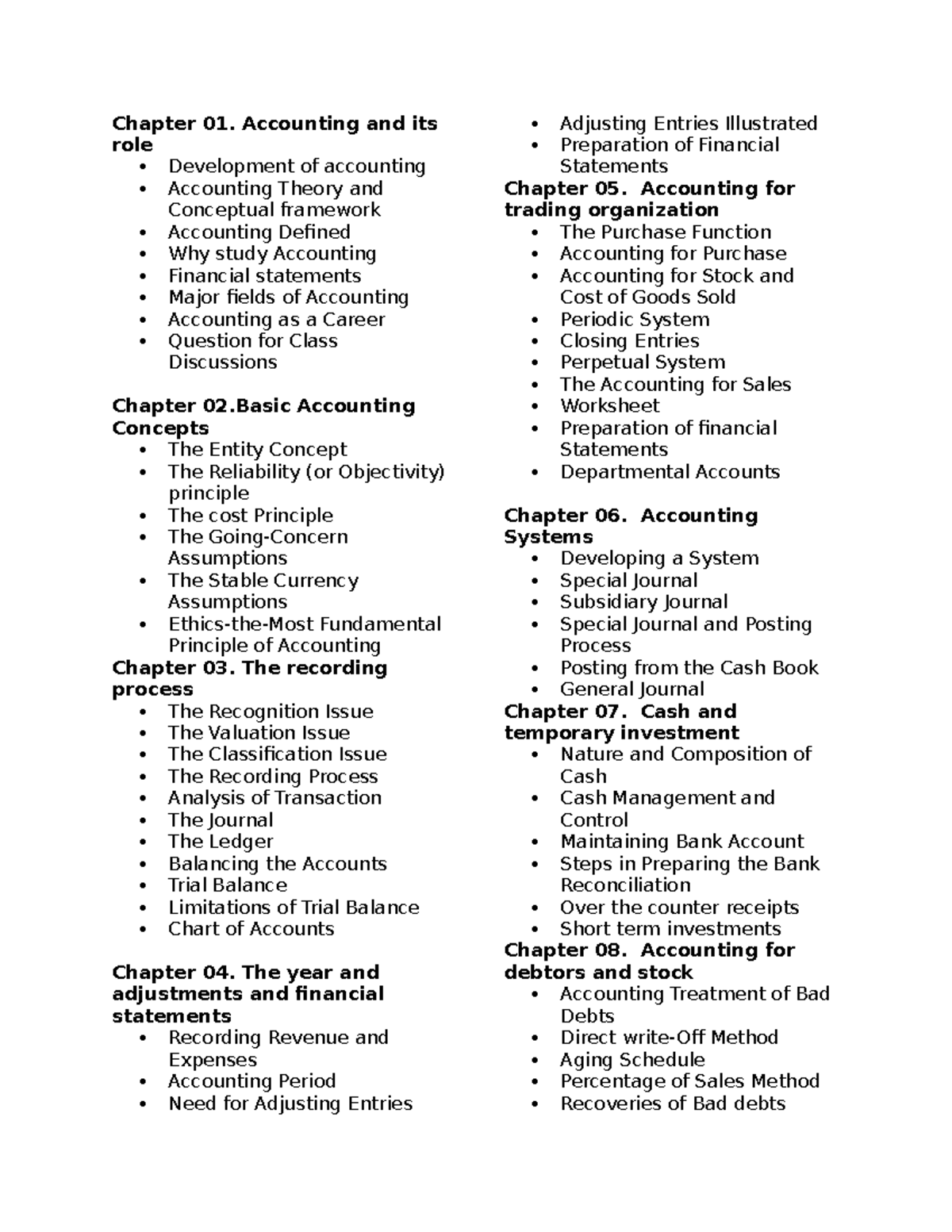 Financial and Managerial Accounting Course Outline: Chapters 1-8 ...