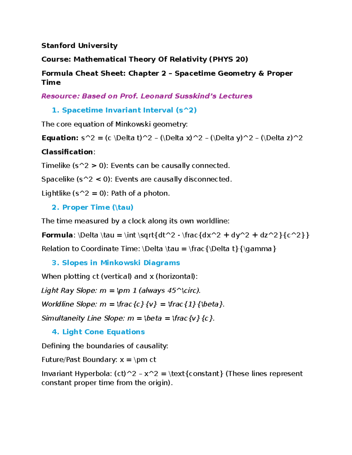 PHYS 20: Mathematical Theory of Relativity Formula Cheat Sheet - Ch 2 ...