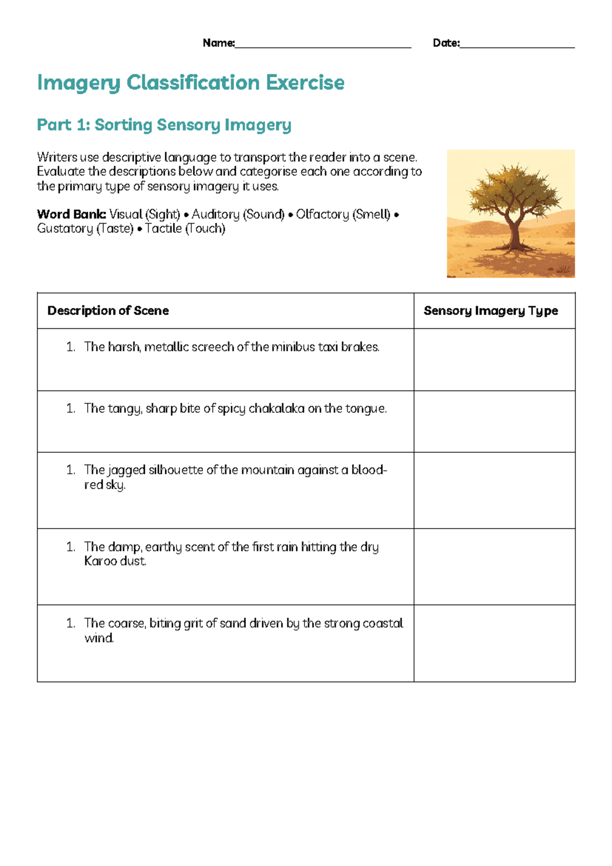 Imagery Classification Exercise: Sensory & Figurative Language - Studocu