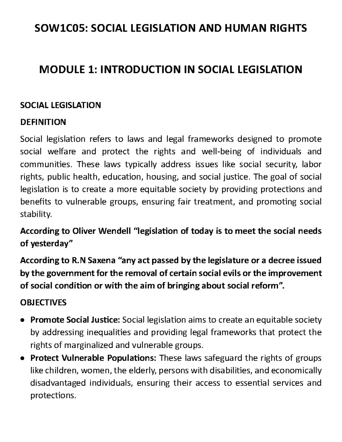 SOW1C05: Social Legislation and Human Rights - Module 1 Overview - Studocu