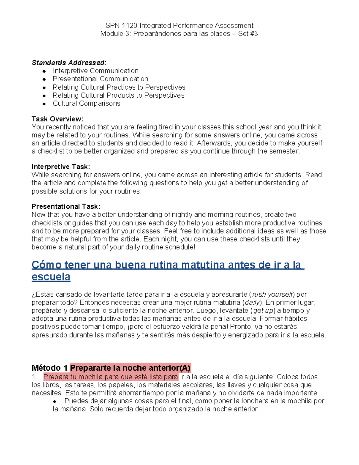 SPN 1120 Integrated Performance Assessment: Morning Routine Checklist ...