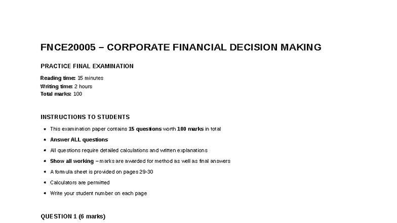 FNCE2000 Complete Practice Final Exam Guide - Studocu