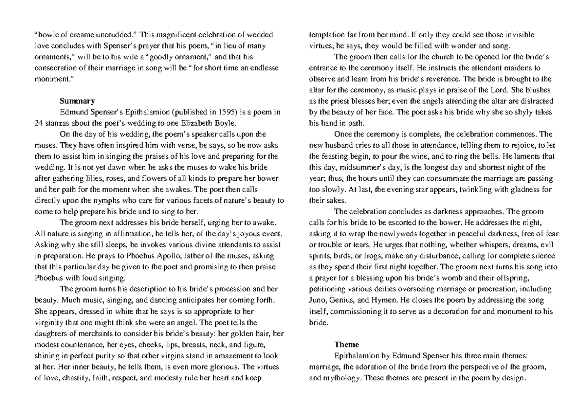 Edmund Spenser's Epithalamion: A Nuptial Celebration Analysis - Studocu