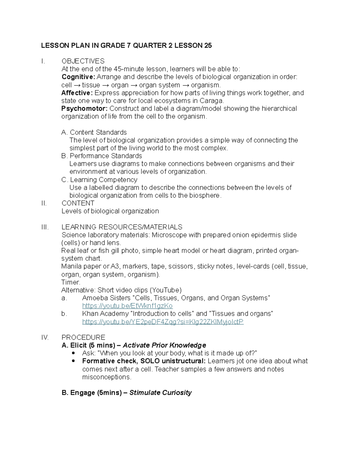 G7 Q2 C8 L25 - Science Lesson Plan on Biological Organization - Studocu
