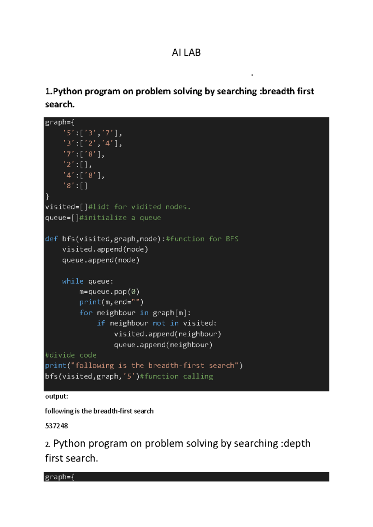 AI LAB: Python Programs for Search Algorithms and ML Models - Studocu