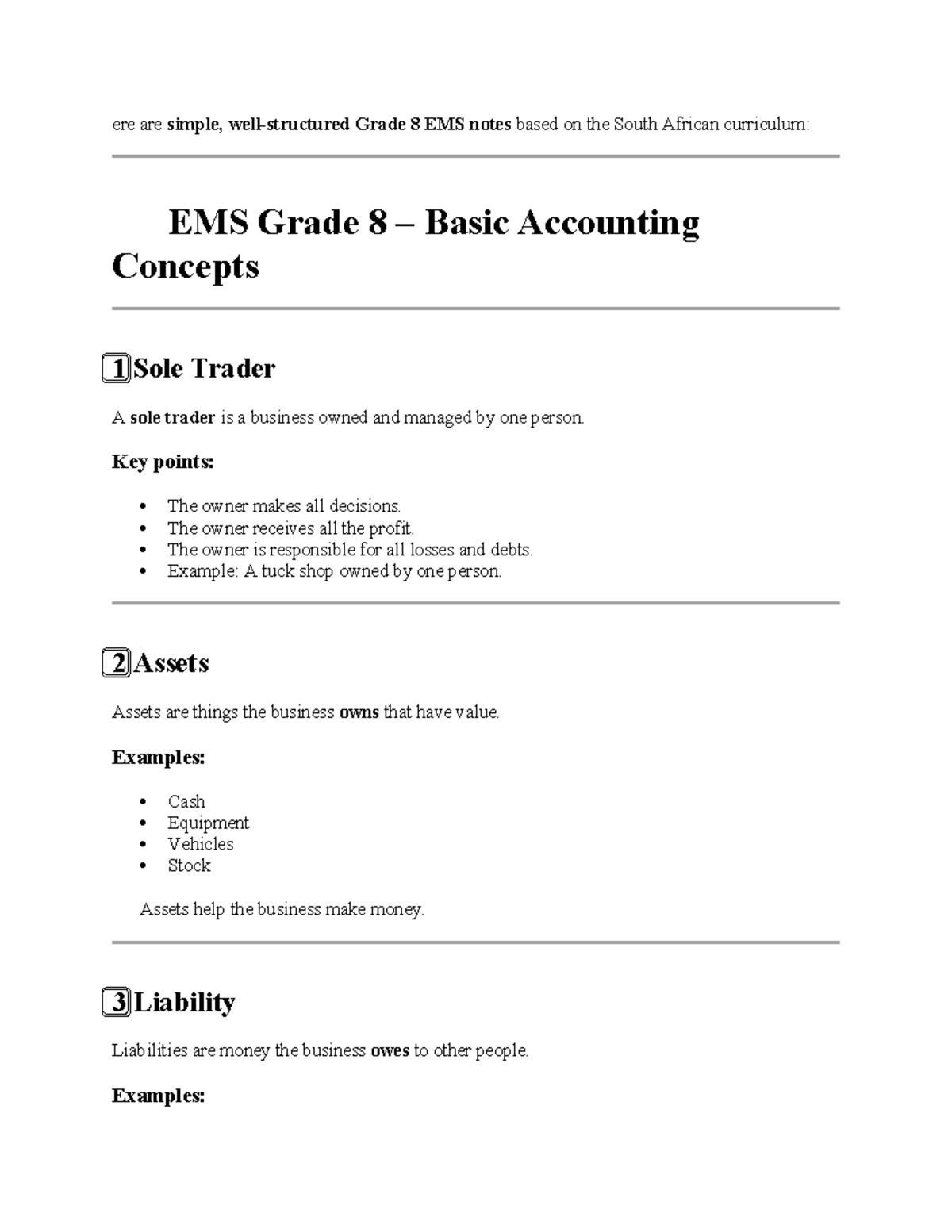 Grade 8 EMS Notes: Basic Accounting Concepts Overview - Studocu