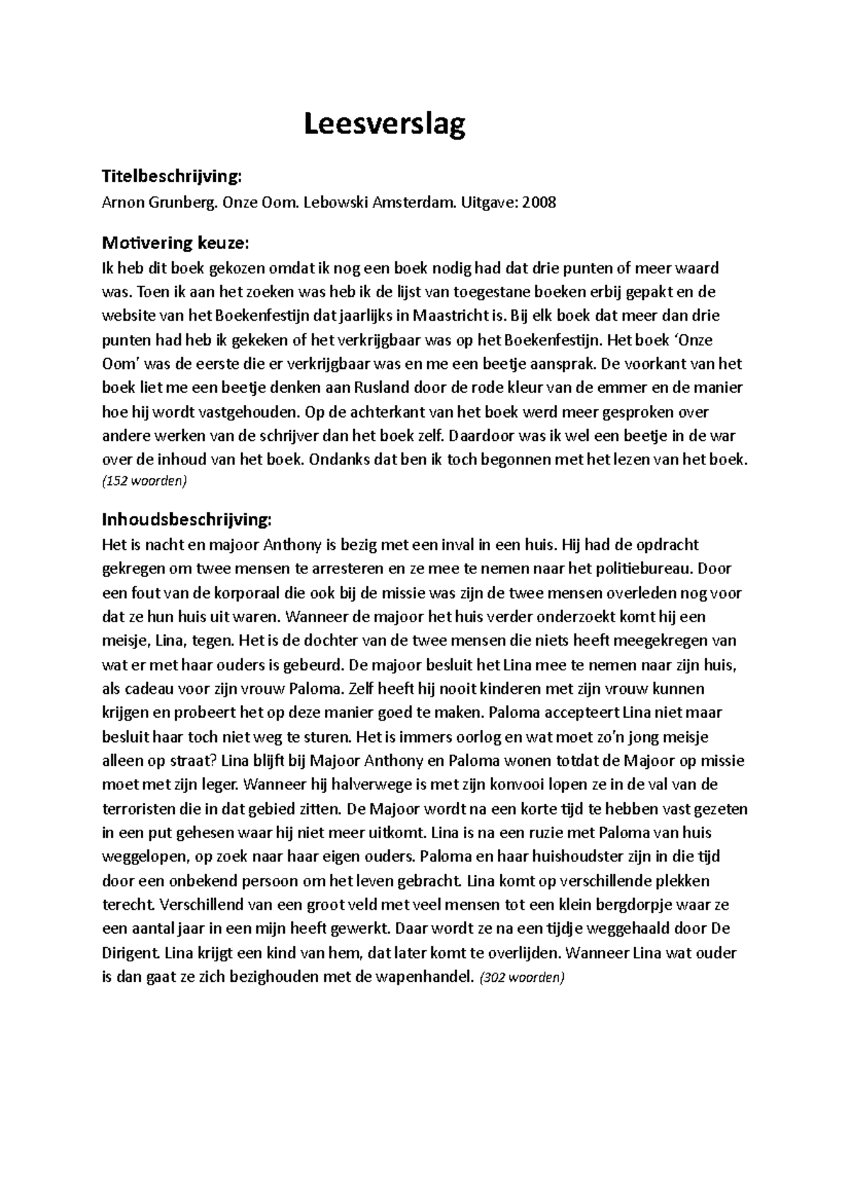 Leesverslag over "Onze Oom" van Arnon Grunberg - Boek 2008 - Studeersnel