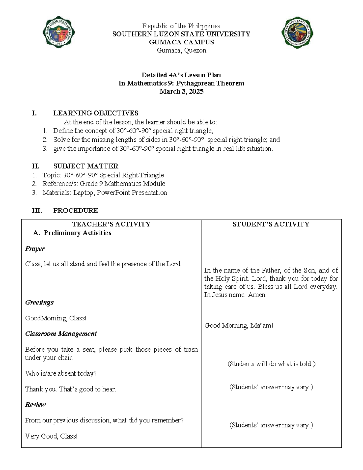 Mathematics 9 Detailed Lesson Plan: Pythagorean Theorem - Studocu