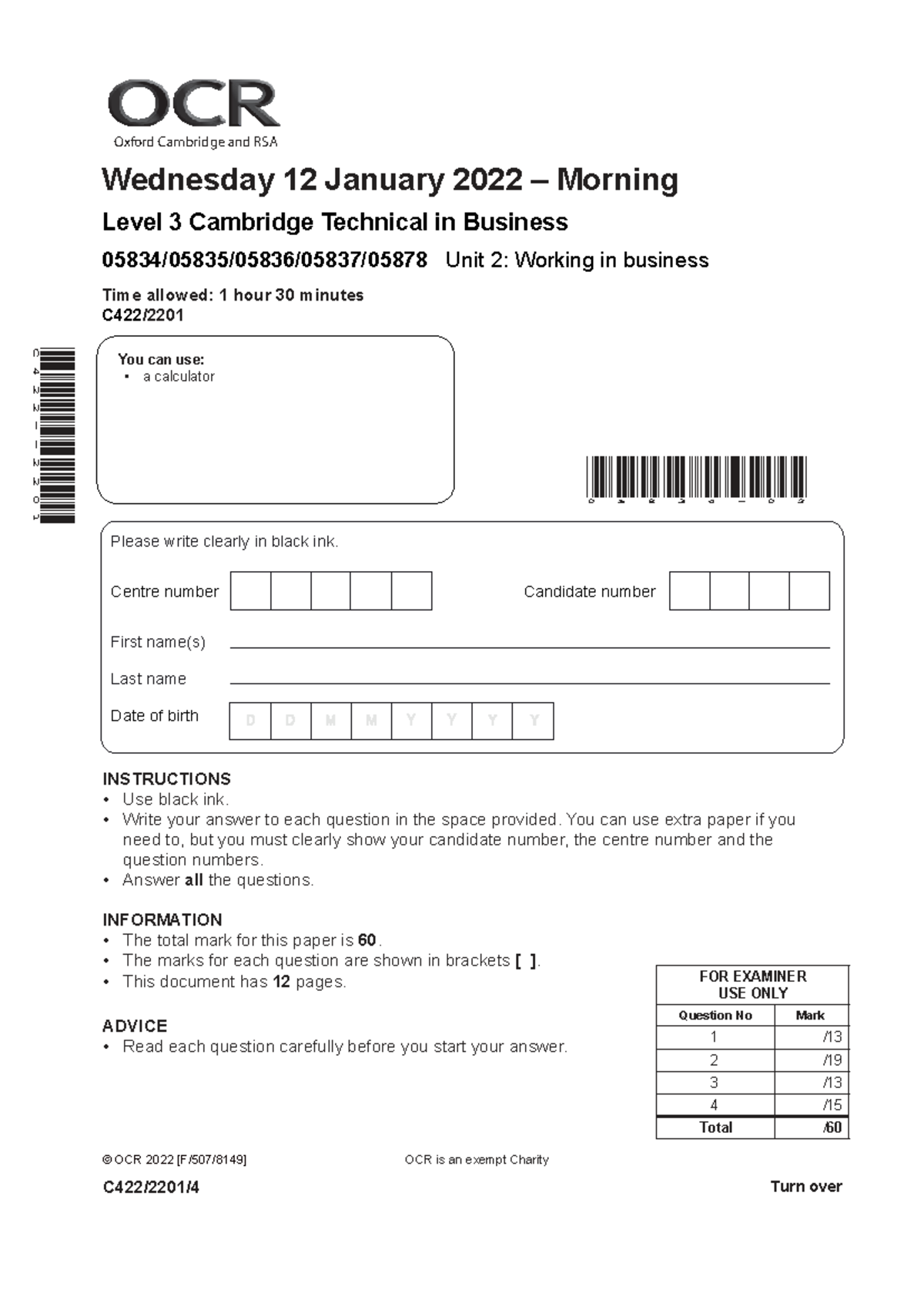 OCR Level 3 Cambridge Technical Business Unit 2 Exam Paper - Jan 2022 ...