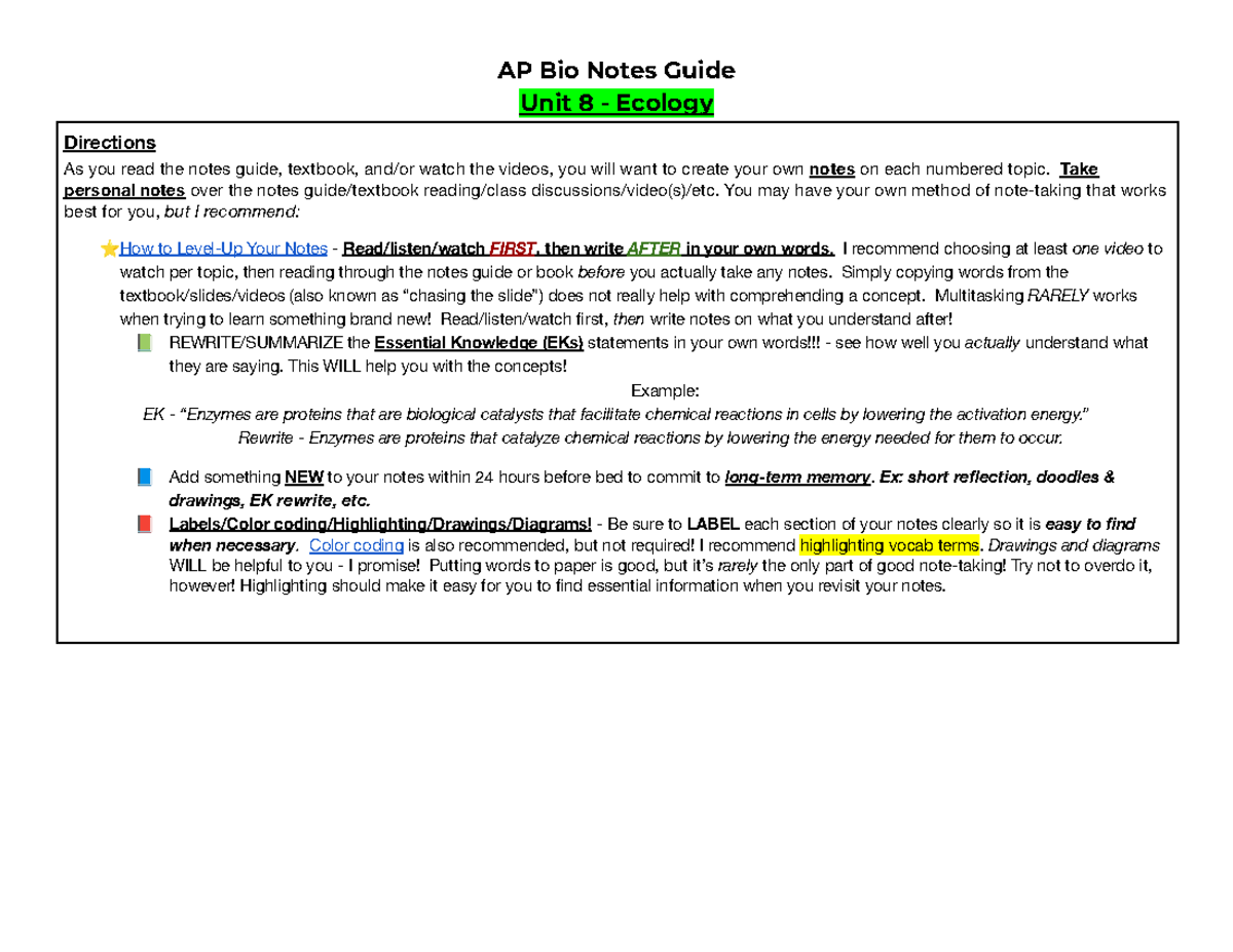 AP Bio Unit 8 Ecology Notes Guide: Key Concepts & Study Tips - Studocu