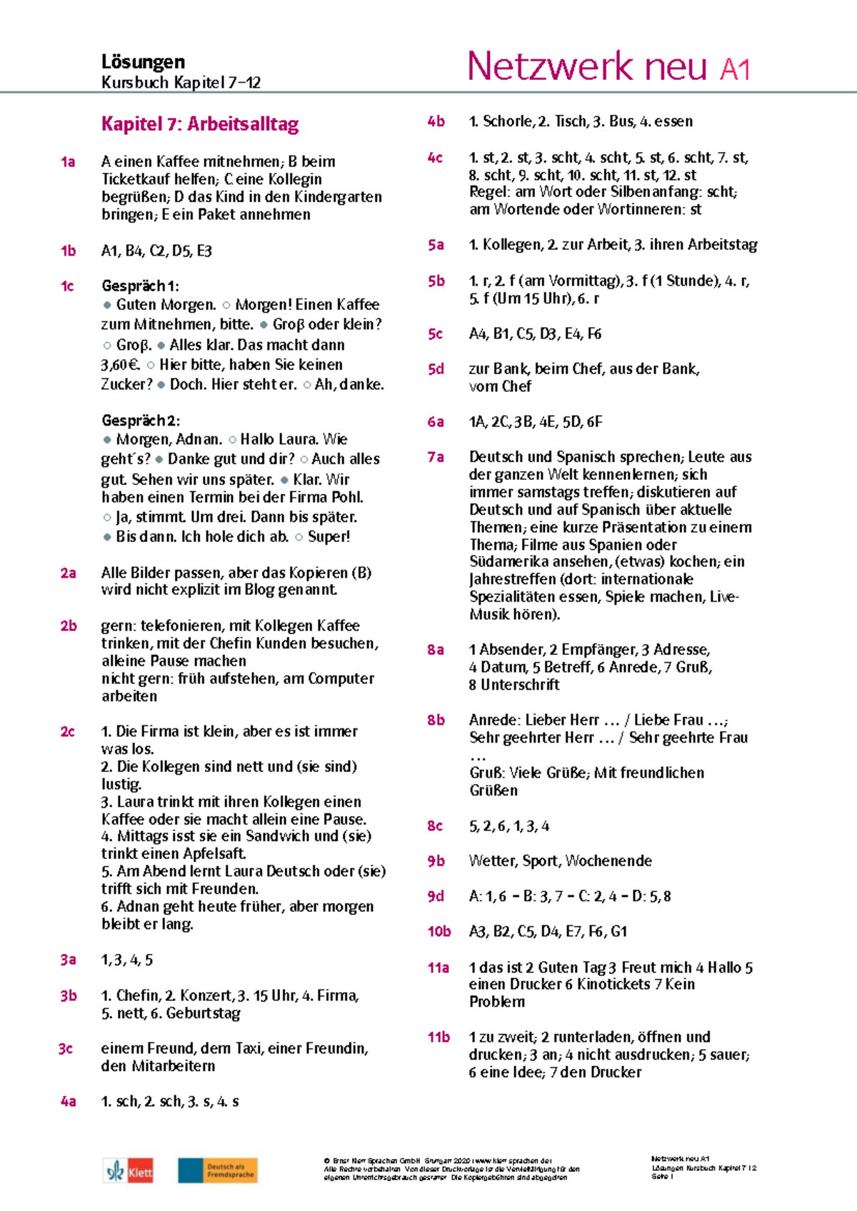 Netzwerk neu A1 Lösungen Kursbuch Kapitel 7 bis 12 - Studocu