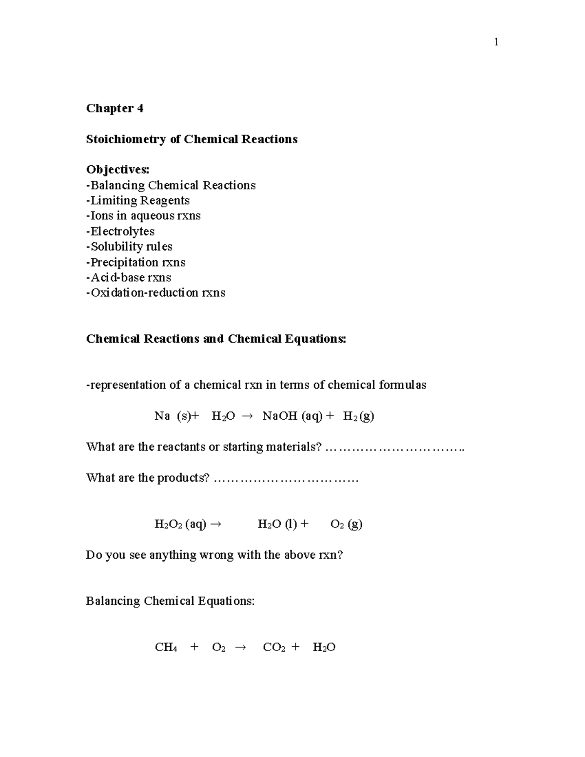 Chapter 4F23 - Chapter 4 Stoichiometry of Chemical Reactions Objectives ...