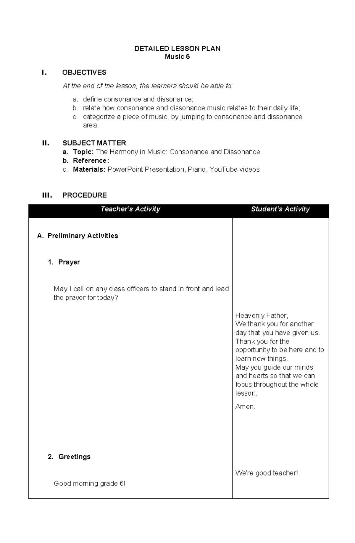 DETAILED LESSON PLAN Music 5: Consonance & Dissonance - Studocu