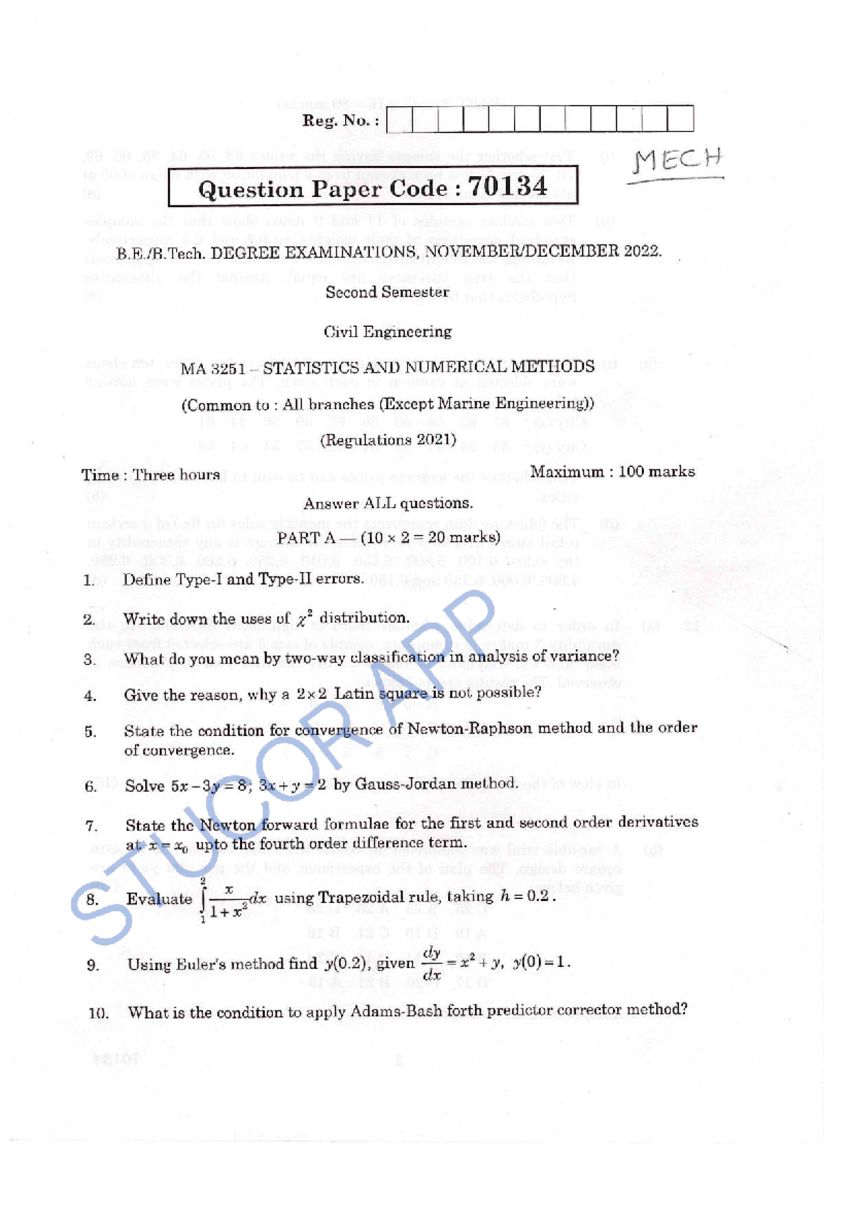 Stucor Question Paper MA 3251 Statistics & Numerical Methods 70134 - Studocu