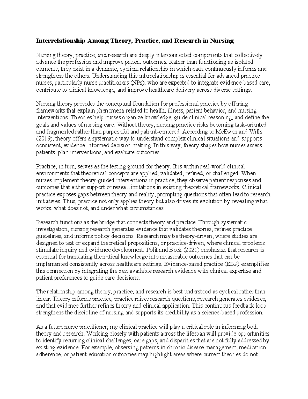 Interrelationship Among Theory, Practice, and Research in Nursing - Studocu