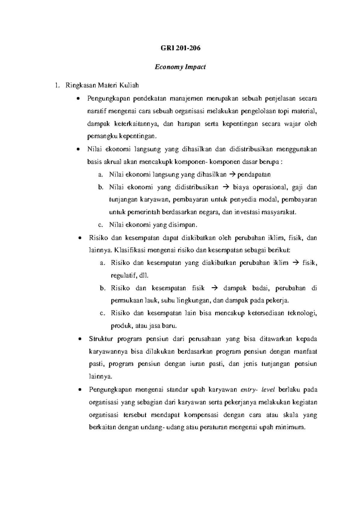 Ringkasan Materi GRI 201-206: Dampak Ekonomi dan Manajemen risiko - Studocu