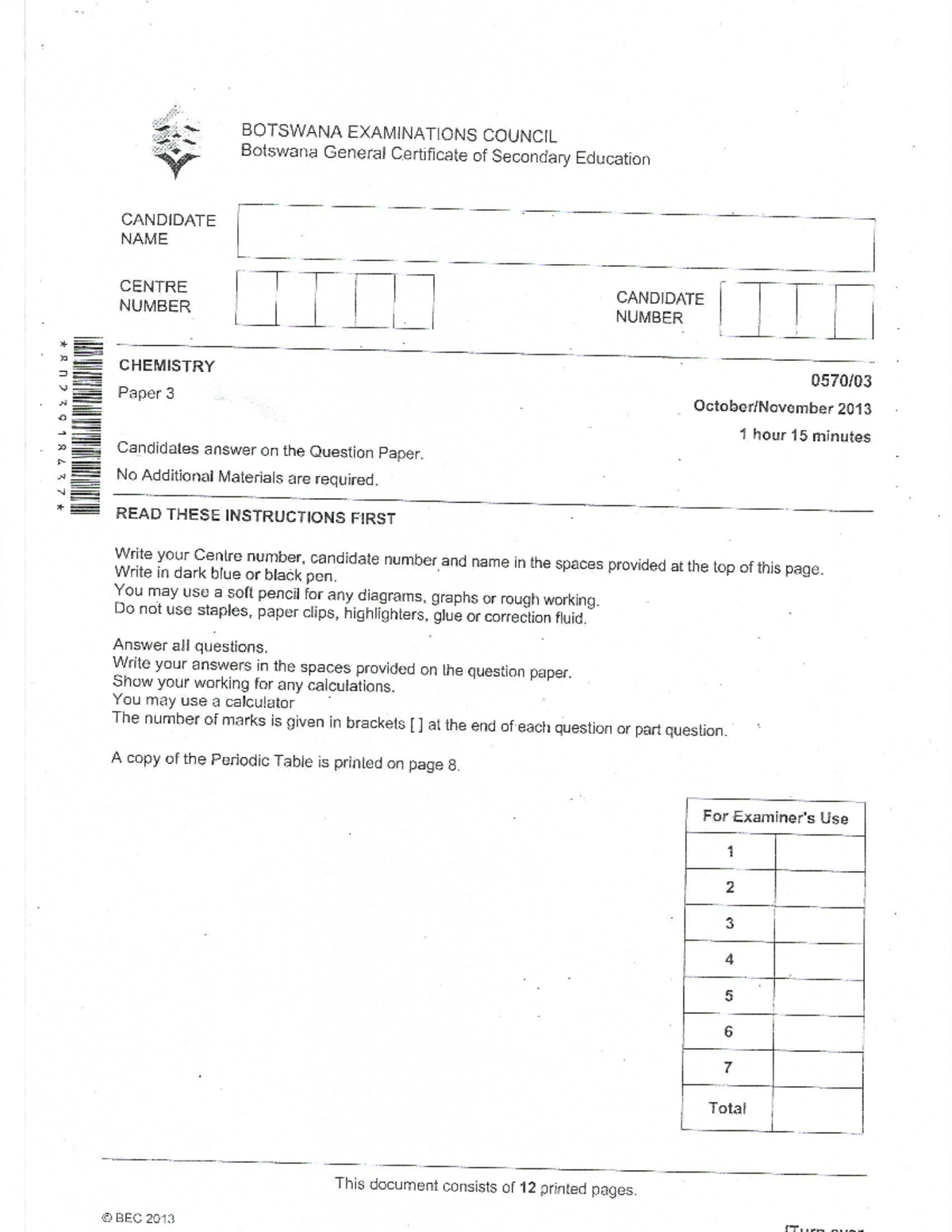 BEC 2013 Chemistry Paper 3 Exam Questions and Instructions - Studocu