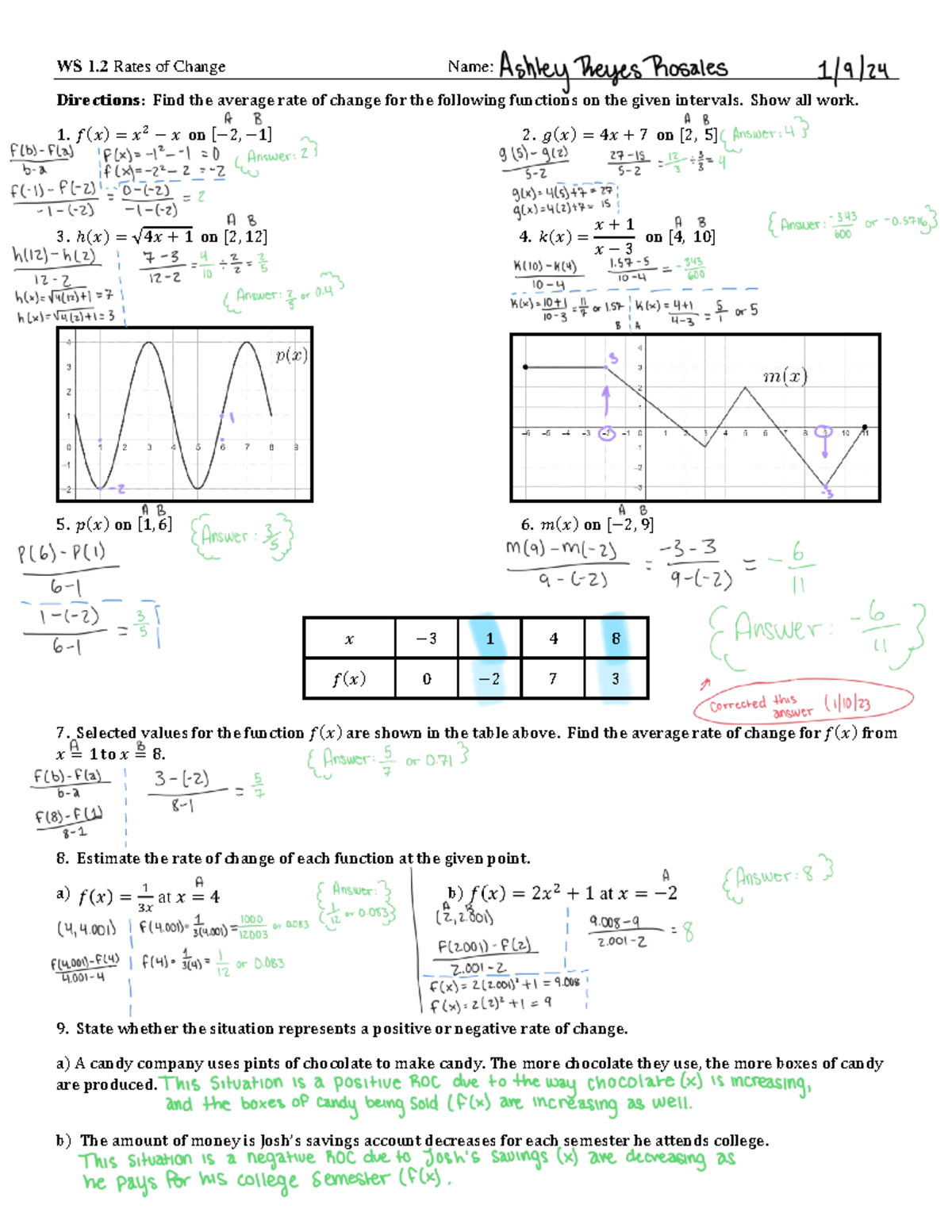 Rate of Change 1.2 - WS 1 Rates of Change Name: 𝐃𝐢𝐫𝐞𝐜𝐭𝐢𝐨𝐧𝐬: Find the ...