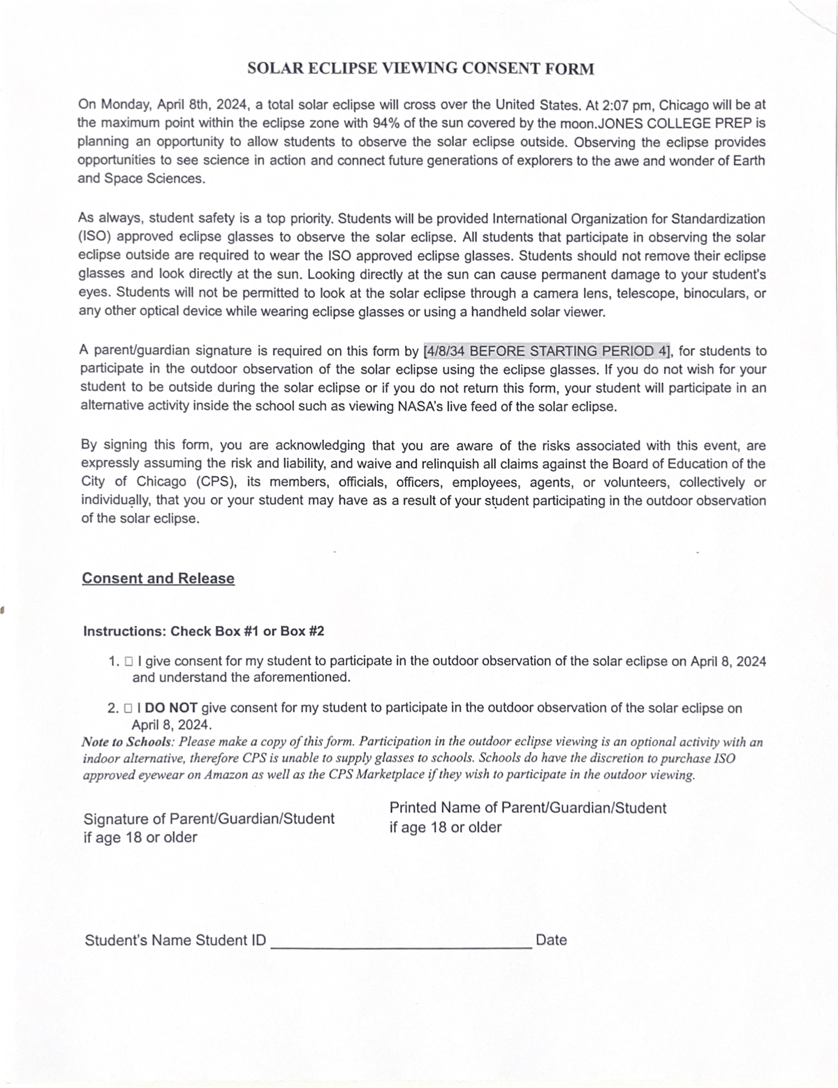 Eclipse - Ecclipse form - SOLAR ECLIPSE VIEWING CONSENT FORM On Monday ...