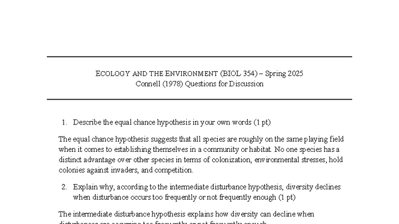 Discussion Questions on Connell (1978) - BIOL 354 Spring 2025 - Studocu