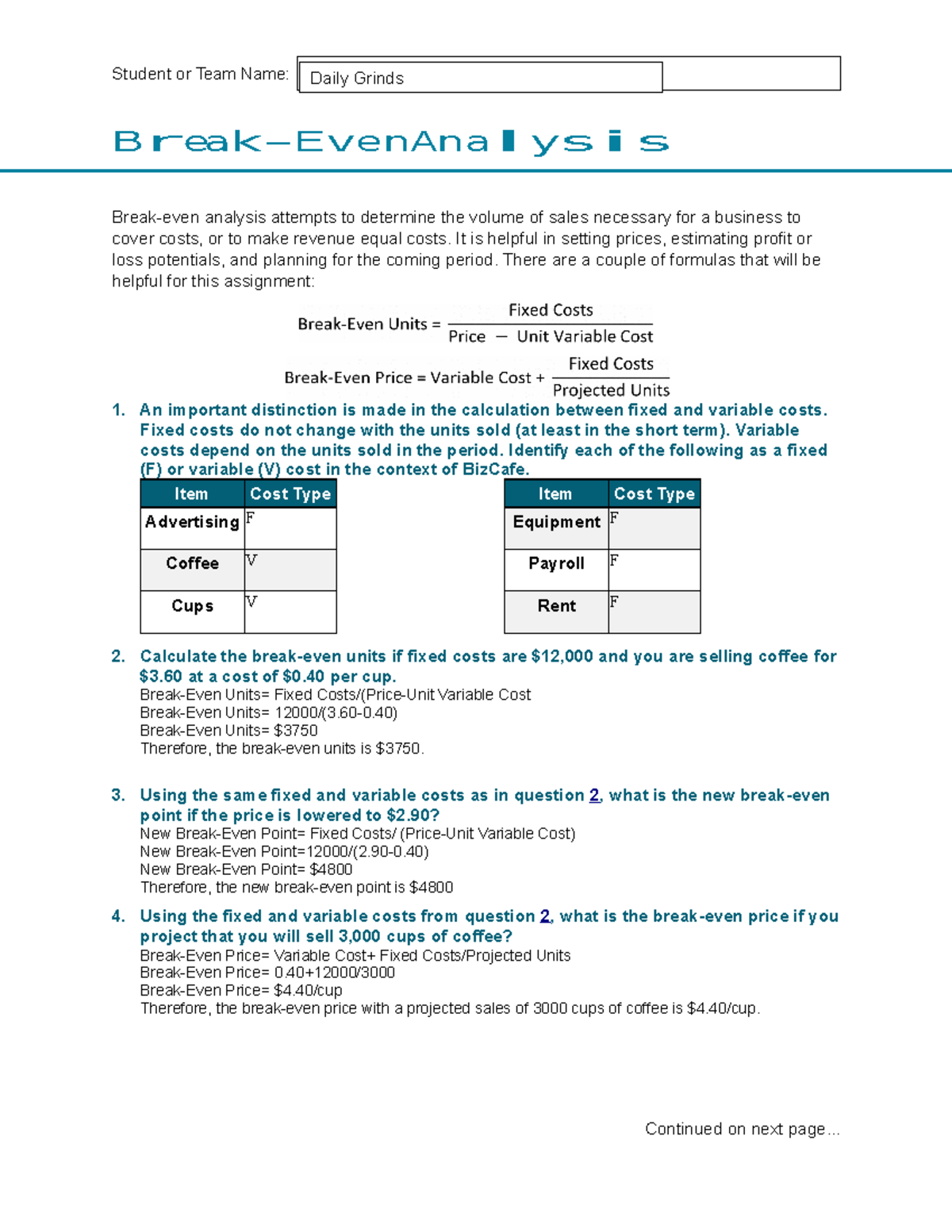 Break Even Analysis Assignment 1 - Break-EvenAnalysis Break-even ...