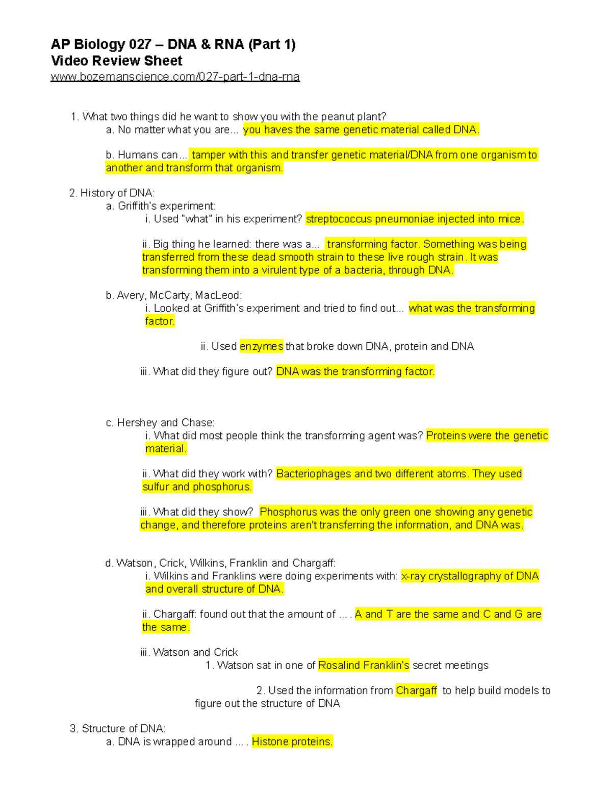 AP Bio 027 DNA & RNA Video Review Sheet - Studocu