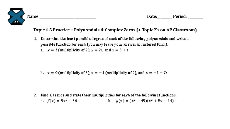 1.5 - Polynomial Functions & Complex Zeros - Assignment - Studocu