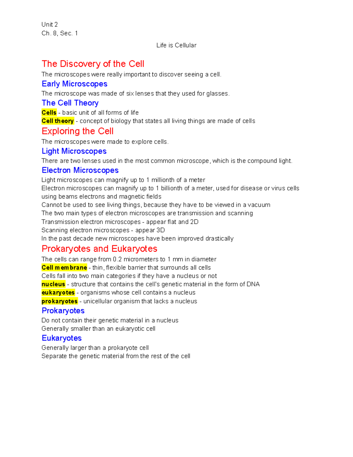 Unit 2: Ch. 8 - Life is Cellular: Cell Discovery & Types Overview - Studocu